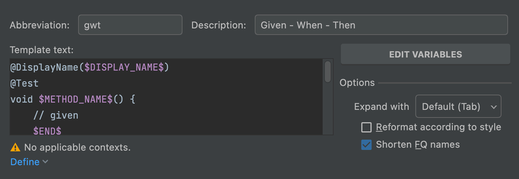 IntelliJ에서 자주 사용하는 코드 Live Template으로 템플릿화 하기 IntelliJ에서 자주 사용하는 코드 Live Template으로 템플릿화 하기